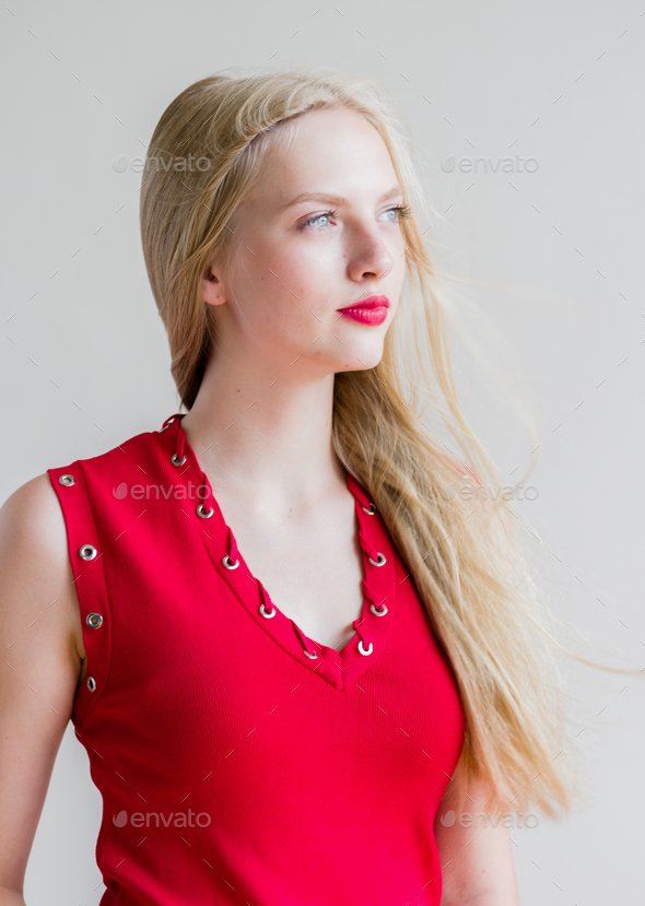 Nice Woman In Red Dress Blonde Short Hair Fashion Female Portrait Cute